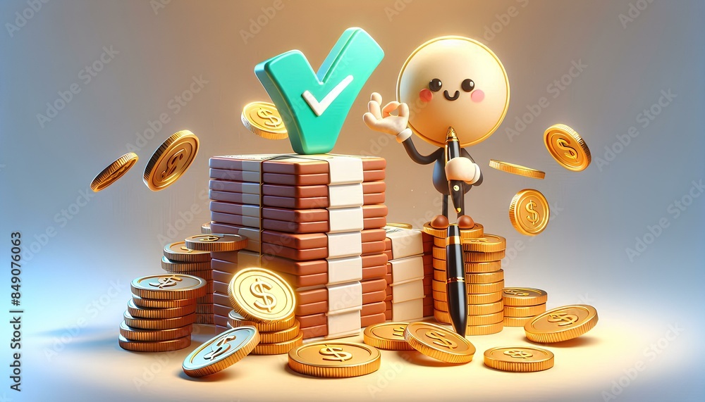 A cartoon smiley face with a checkmark on its forehead. It is standing ...