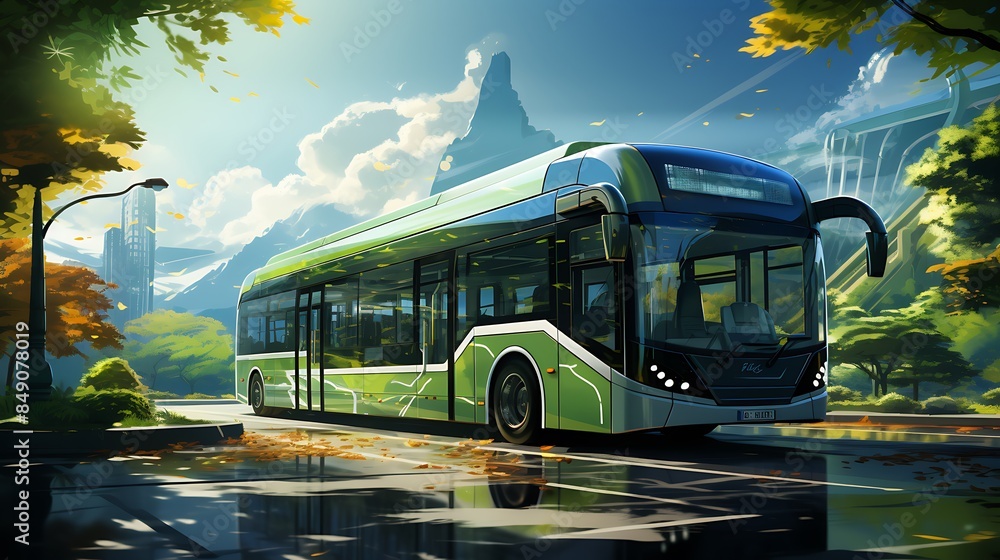 **An electric city bus charging at a sleek modern station, a symbol of ...