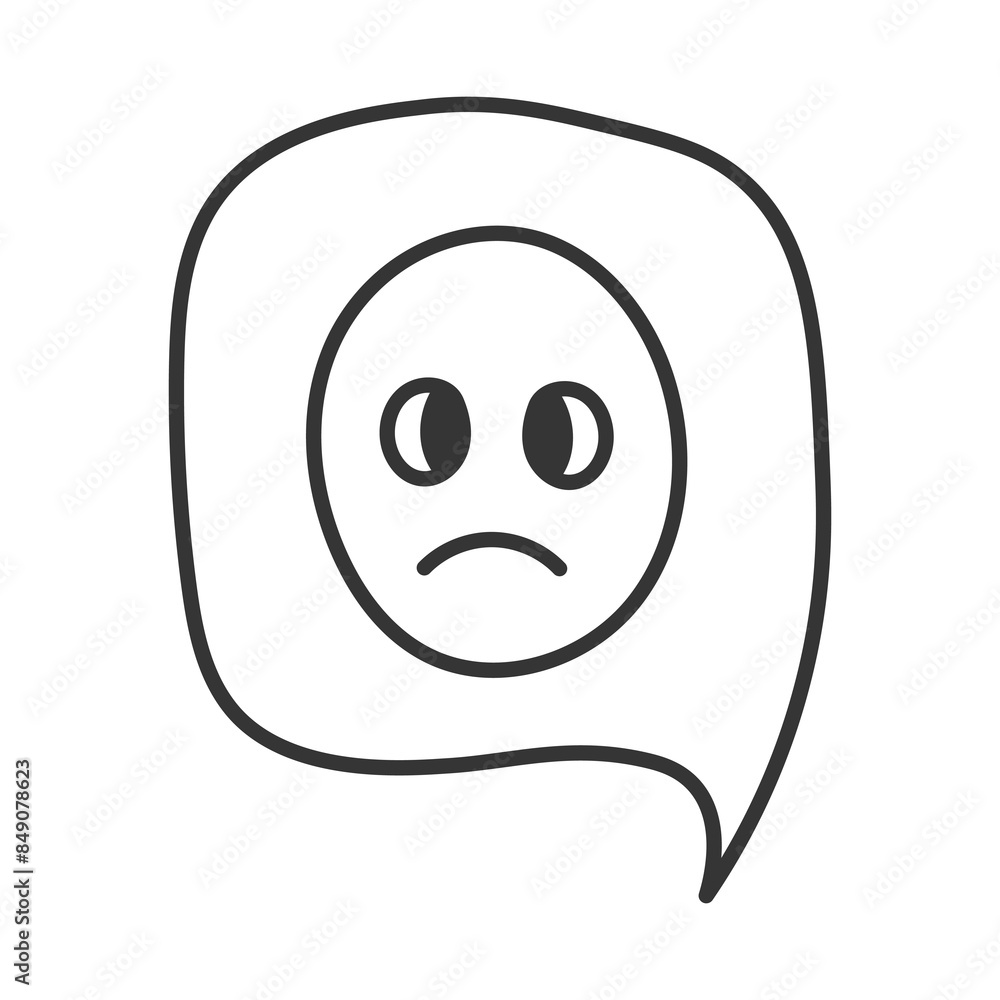 Speech bubble with sad face emoji doodle. Sadness sorrow anguish ...