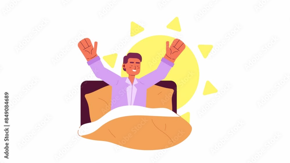 Happy caucasian man waking up after healthy sleeping 2D animation ...