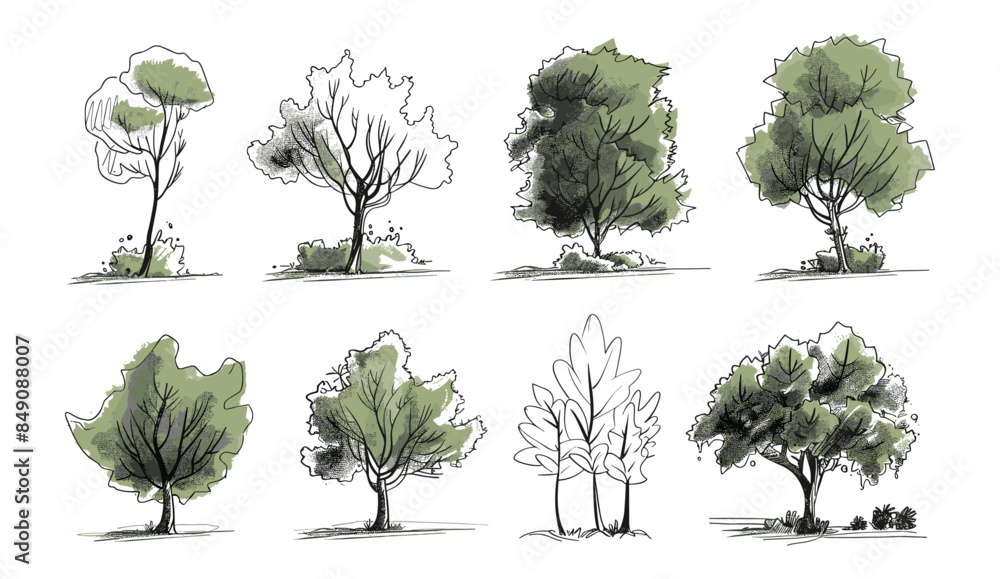 Vector illustration, hand drawn. Set of tree sketches isolated on white ...