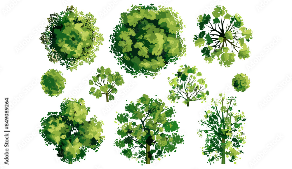 Vector illustrations set of trees and bushes top view, landscape ...