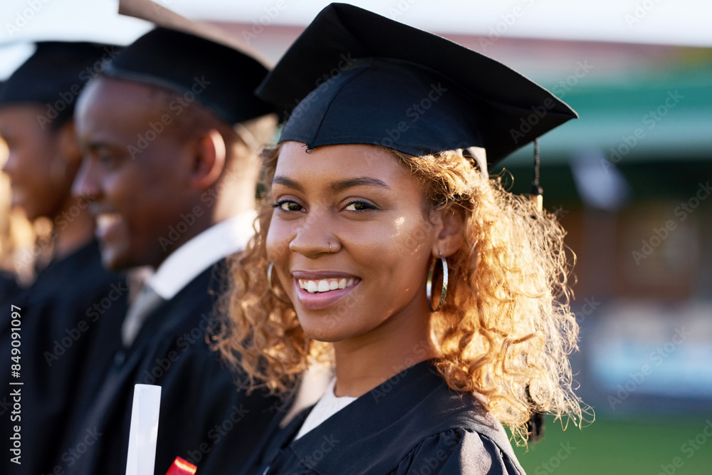 Happy black woman, student and graduation class with group at ceremony ...