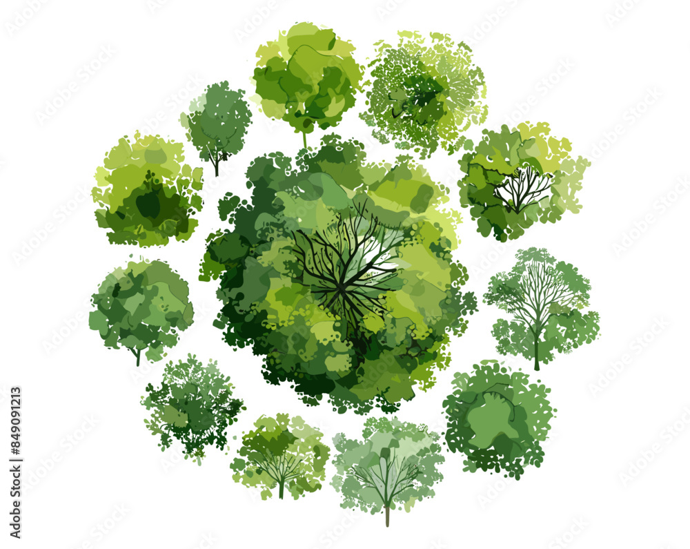 Vector watercolor hand drawn tree top view isolated on white background ...