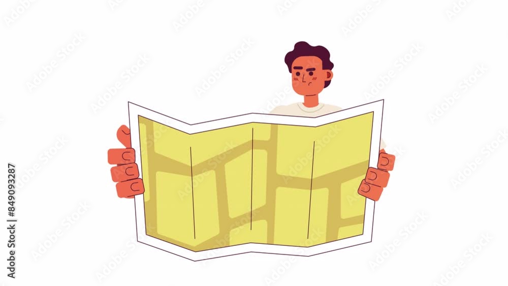 Arab man studying location map 2D character animation. Navigation on ...