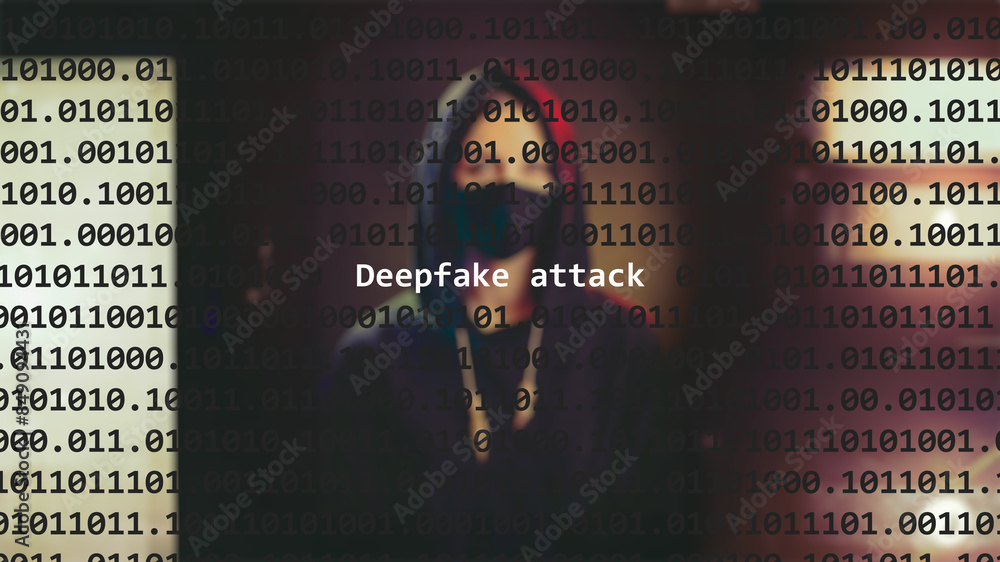 Cyber attack deepfake attack text in foreground screen, anonymous hacker hidden with hoodie in ...