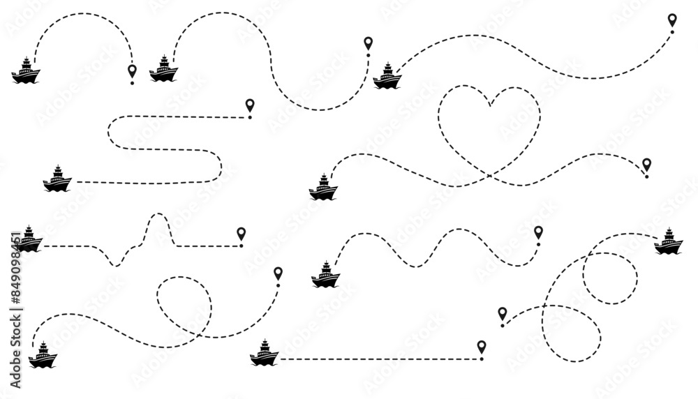 Marine vessels routes dotted lines. Sea ship with track collection ...