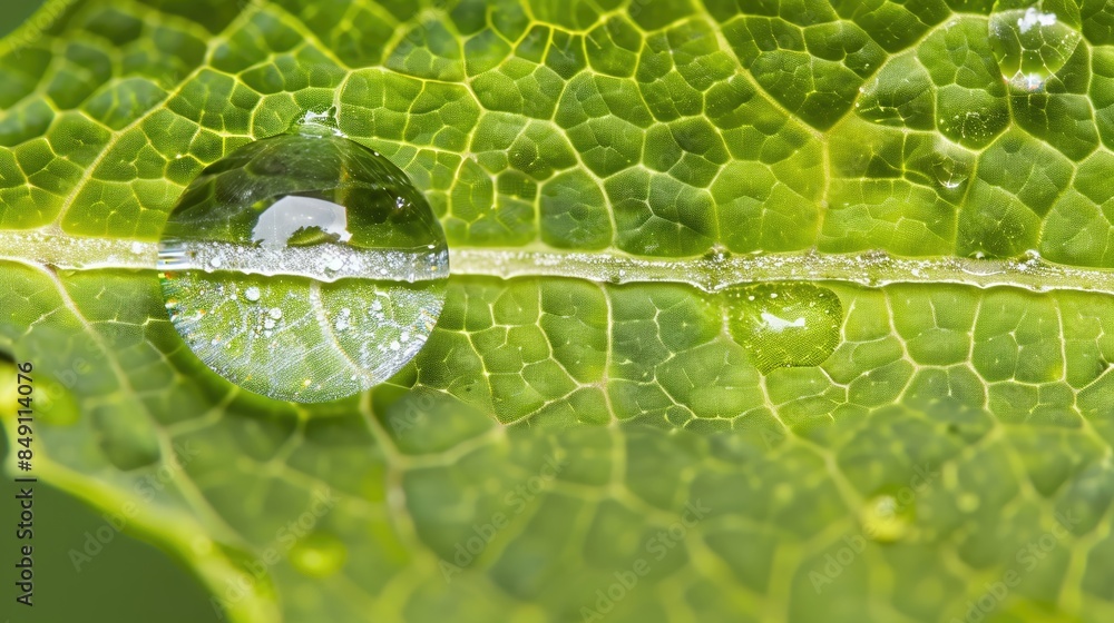 Microscopic view of a single raindrop on a leaf, capturing refracted ...