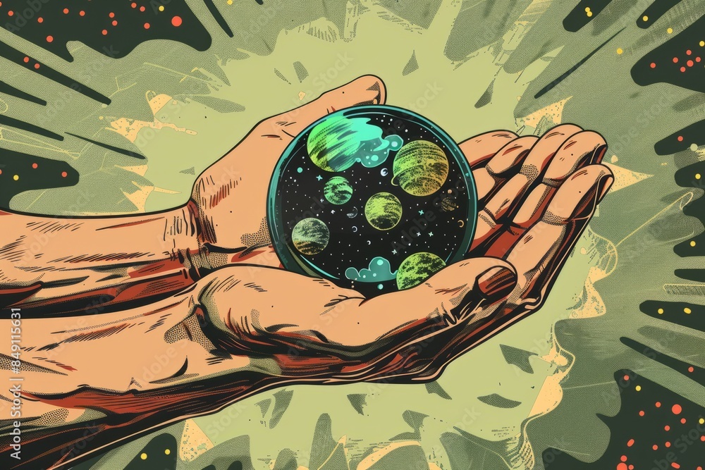 An illustration of hands holding many planets in their palms, creating ...