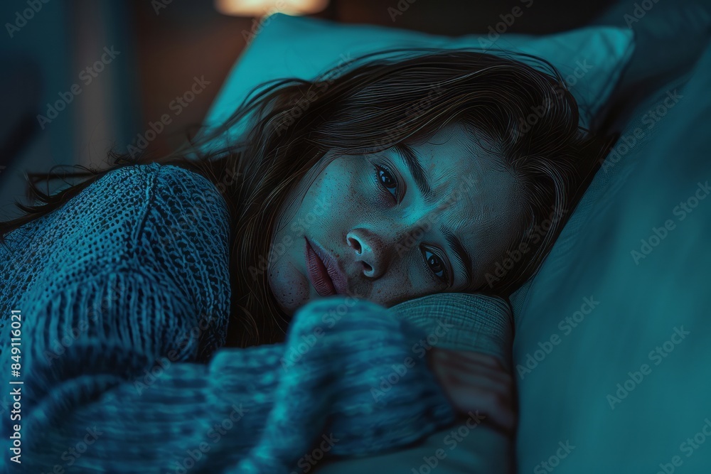 Sad crying mourning woman with brown hair lying on a sofa in low light ...