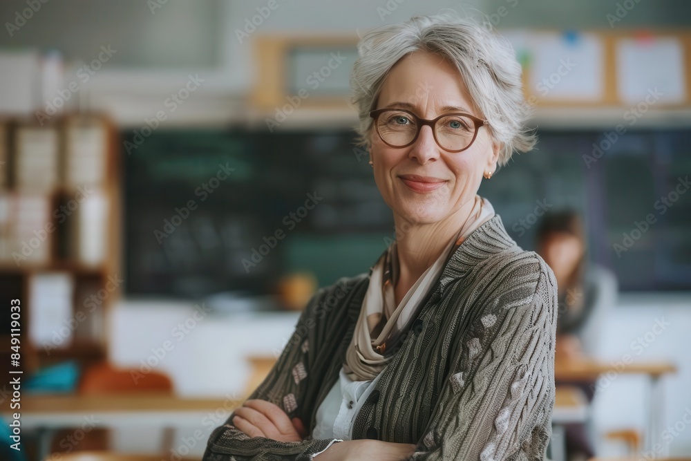 smiling confident middle aged female teacher standing in school ...