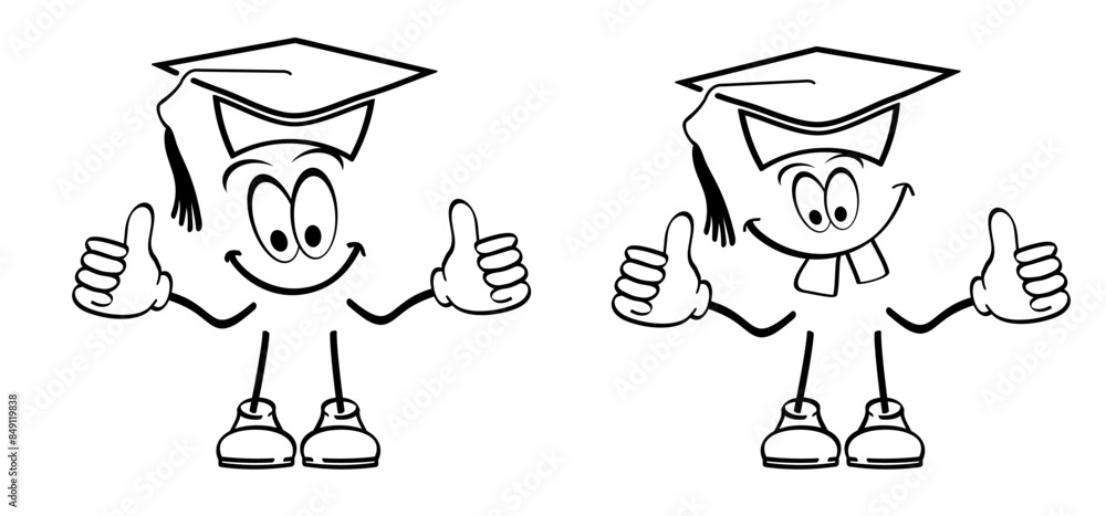 Cartoon mascot, stick figures man. Mortar Board or graduation cap icon ...