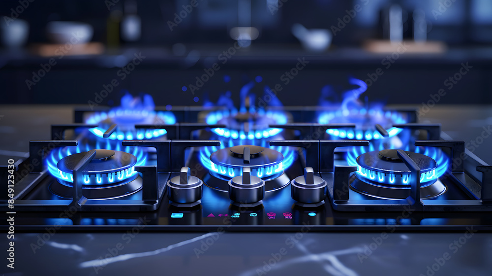 Kitchen gas stove burner with blue flame transparency. Horizontal ...