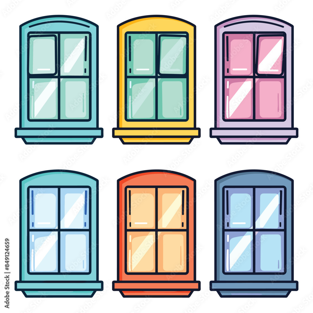 Colorful cartoonstyle windows set isolated white background. Collection ...
