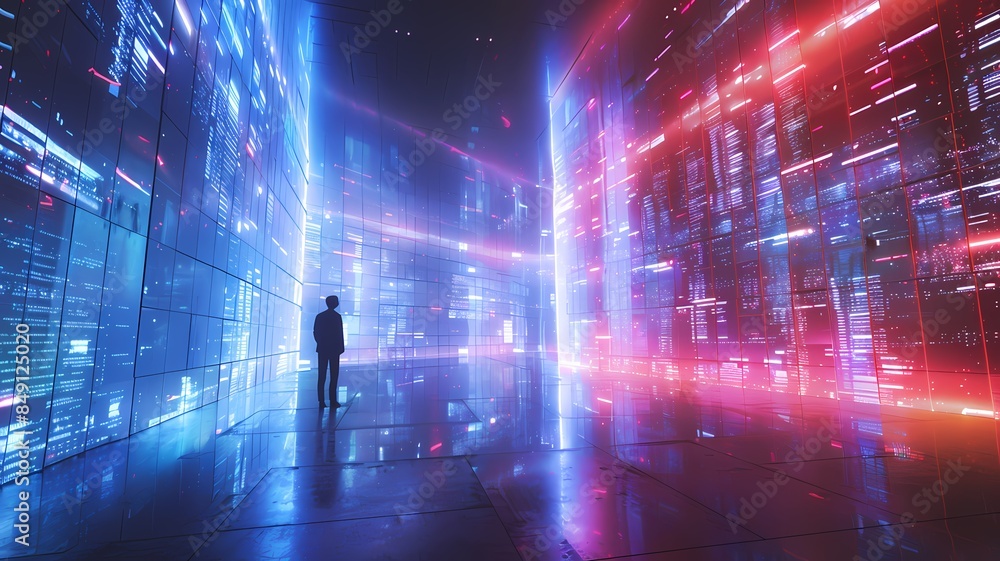 Man standing in futuristic digital archive, pondering the ethics of ...