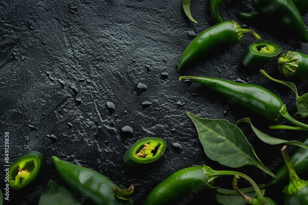 Green hot peppers, product photography, top down view of green chile ...