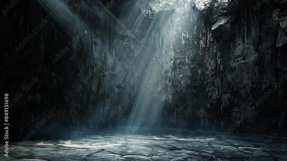 Moody cave interior with dramatic light rays penetrating through an ...