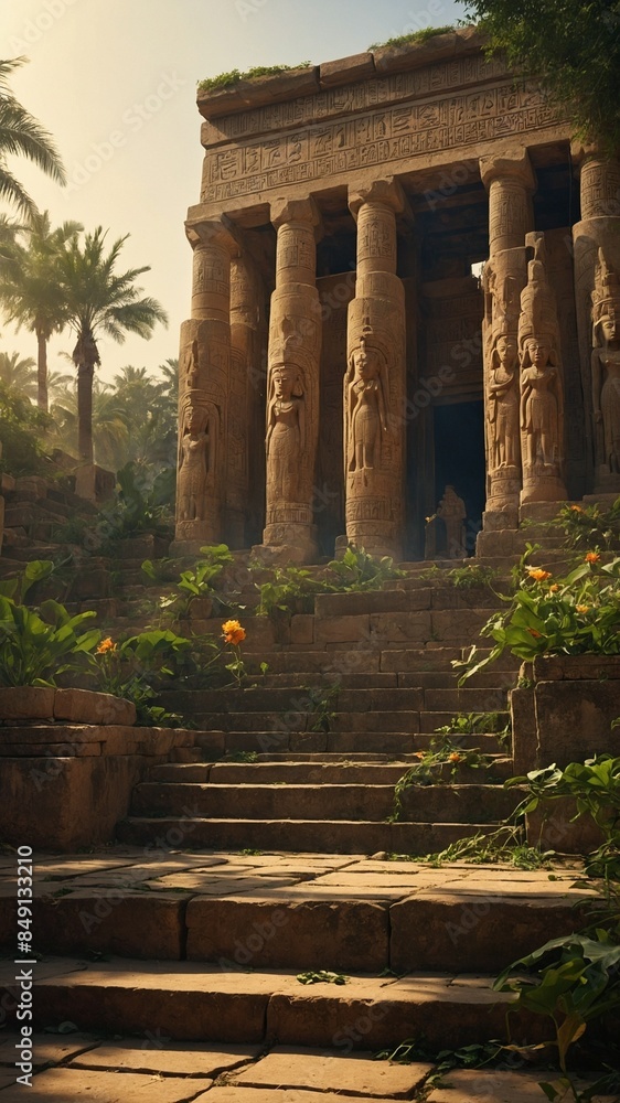 Towering ancient egyptian temple basks in warm glow of sun. Colossal ...