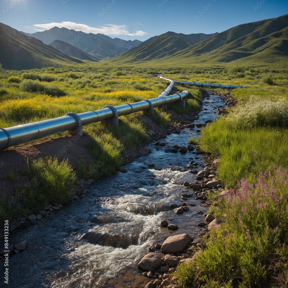 Pipeline traverses landscape, tracing winding path of rocky stream ...