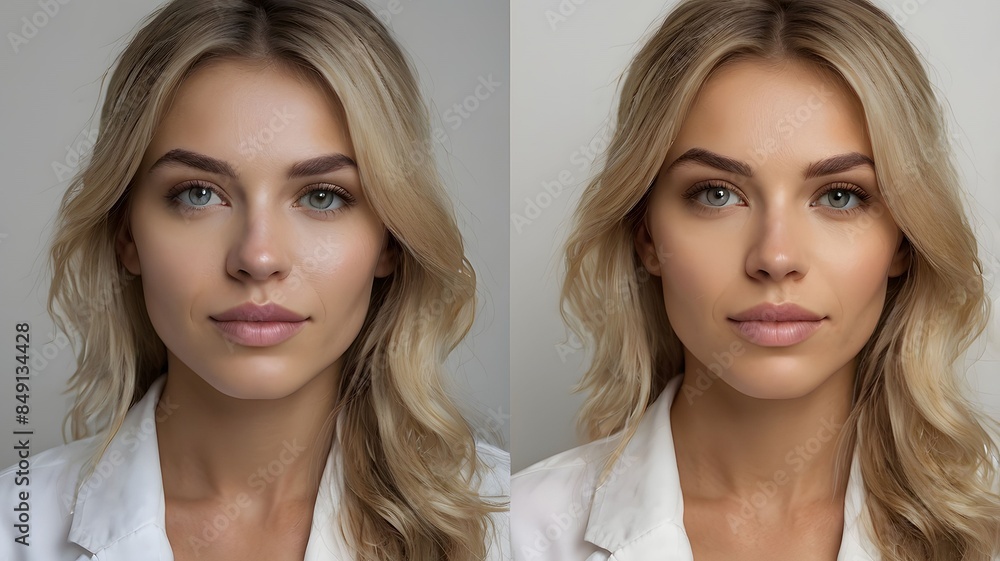 Close-up of beautiful woman's face before and after make-up - showing ...