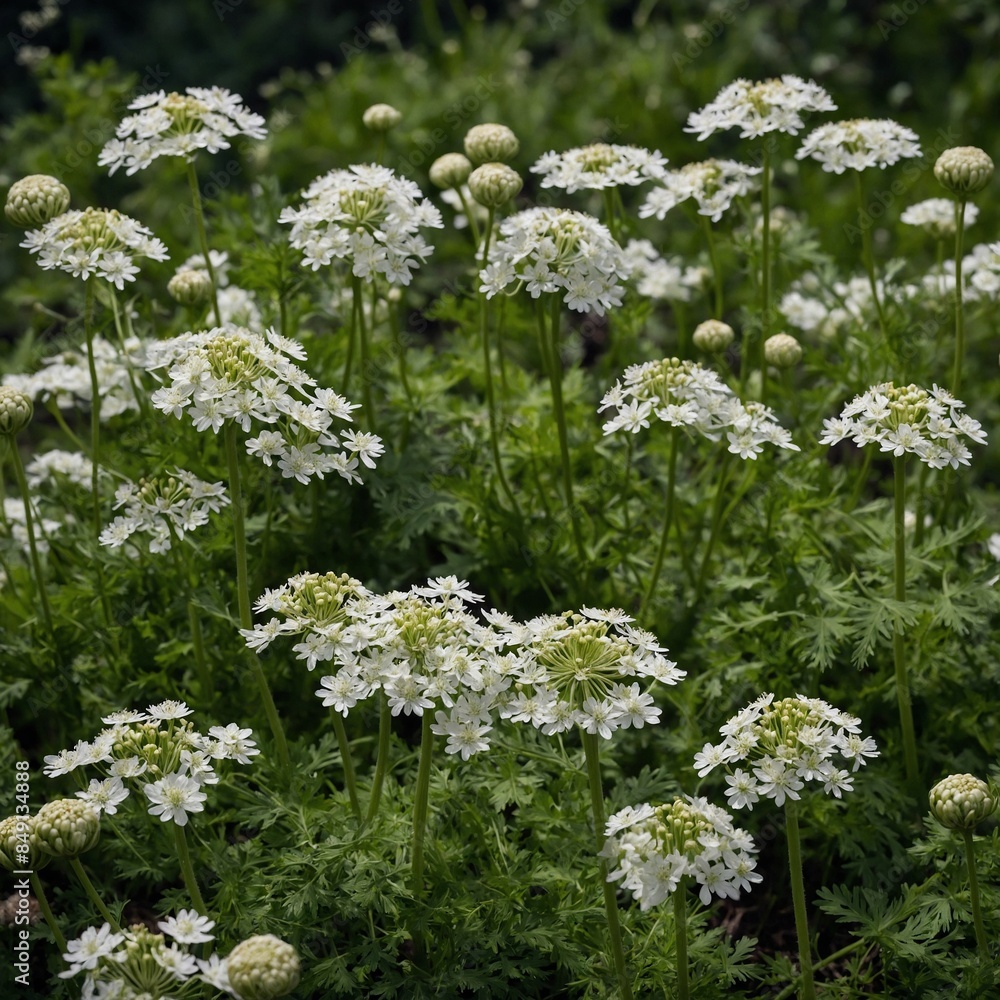Cluster of white flowers takes center stage against backdrop of green ...