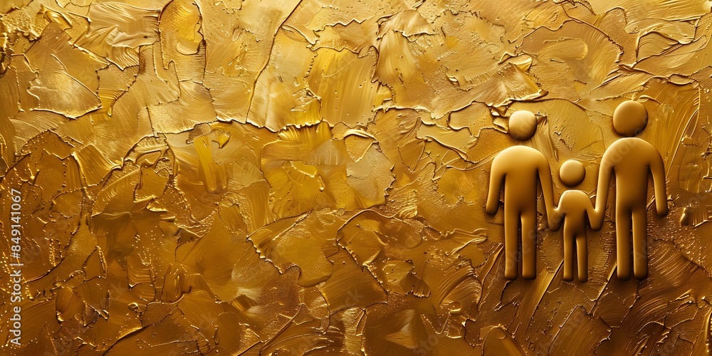 Golden textured background with paper cutouts of human figures symbolizing family history ...