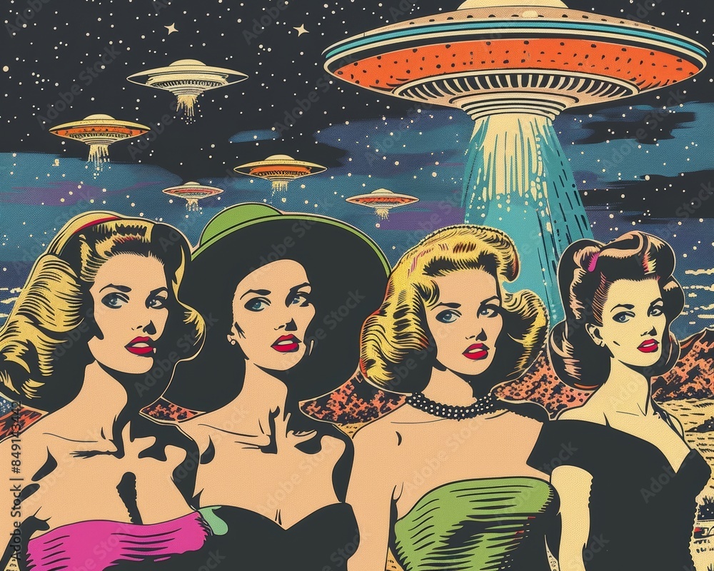 flying saucer invasion, retro futurism pop art style, 1950s pulp sci-fi ...