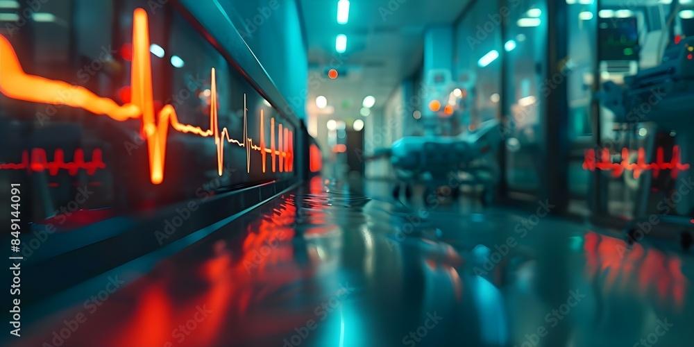 ECG lines on heart monitor of critical patient in ICU setting. Concept ...