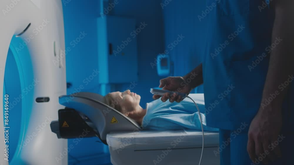 Slowmo midsection of unrecognizable male imaging specialist in uniform ...