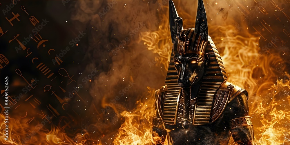 Anubis statue in flames with Egyptian hieroglyphs exuding ancient power ...