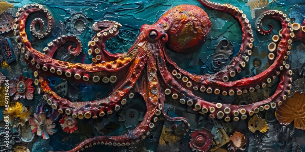 Giant octopus embraces the earth in a symphony of colors, pollution ...