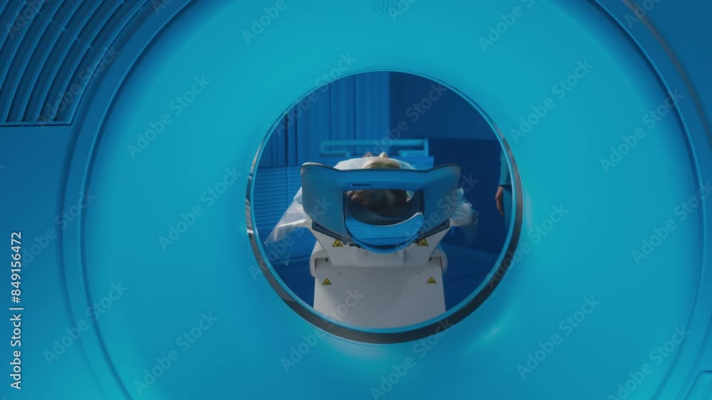 Inside view of CT scanner with woman lying on sliding patients table ...