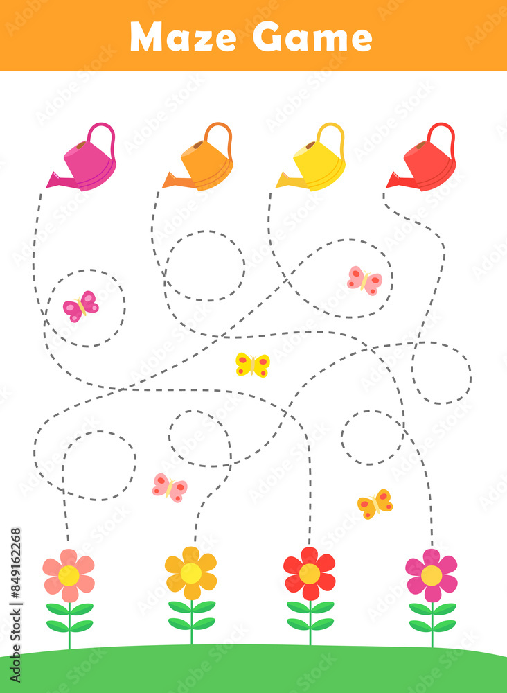 Maze game for children with cute watering can illustration. Kids ...