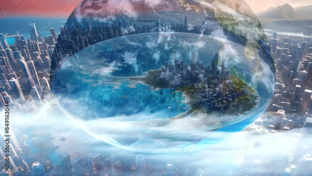 Seamless looping animation of an urban city within a circle of earth ...