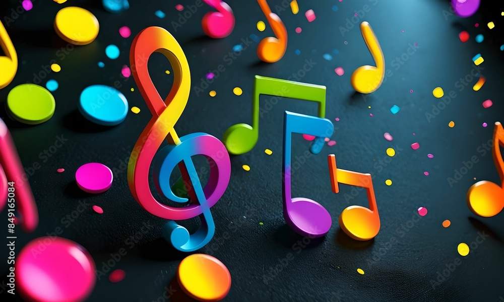wallpaper representing colorful musical notes in 3D, with a black ...