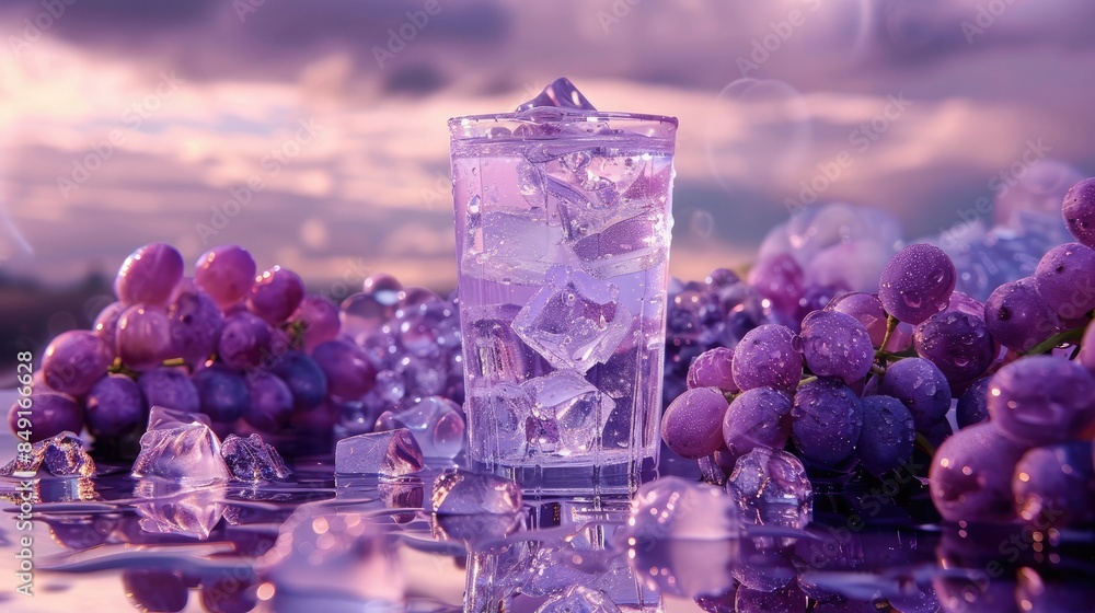 A glass of grape juice with ice cubes, purple liquid and crystal clear ...
