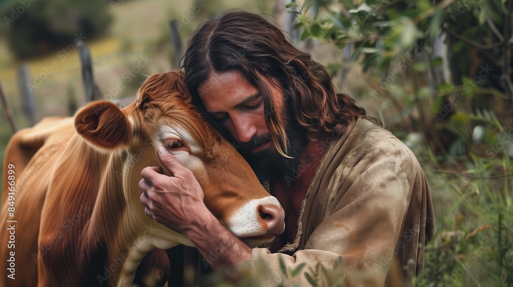 Jesus Christ gently hug a cow. animal love and care concept Stock Photo | Adobe Stock