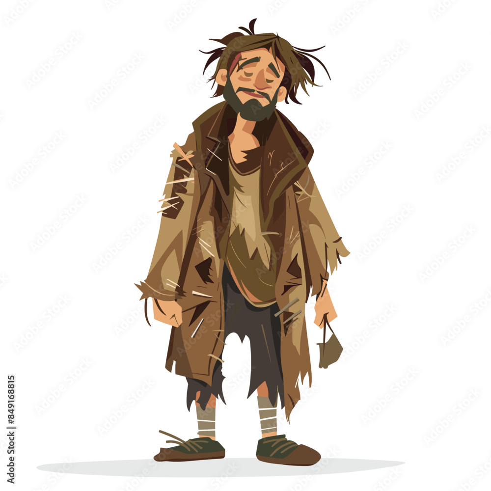 Homeless man illustration looking sad, disheveled cartoon character ...