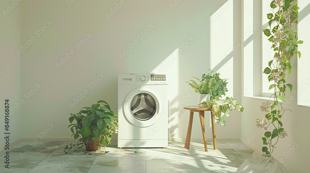 White washing machine, wooden stool next to it, indoor scene with ...