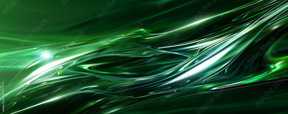 Futuristic dark green background with abstract light trails and ...