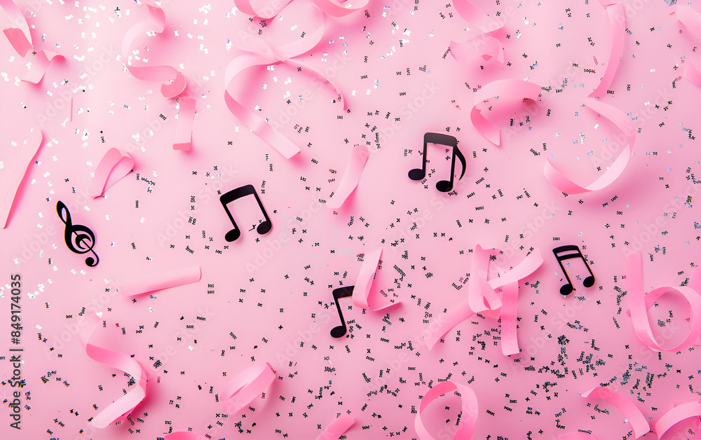 Pink Background With Musical Notes and Confetti. Pink Party Theme with ...