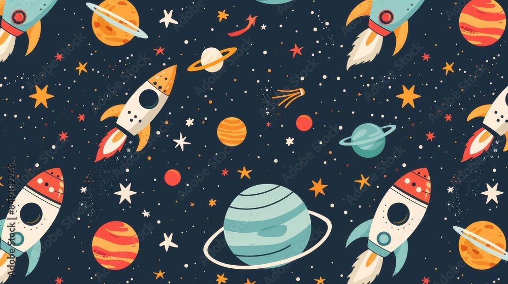 Flat design of celestial themes like planets and rocket ships in a ...