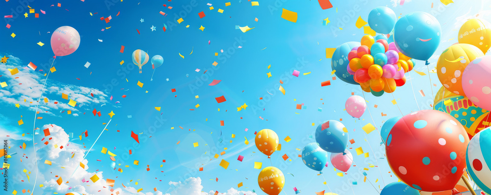 Summer background with a colorful parade, floats, and balloons against ...