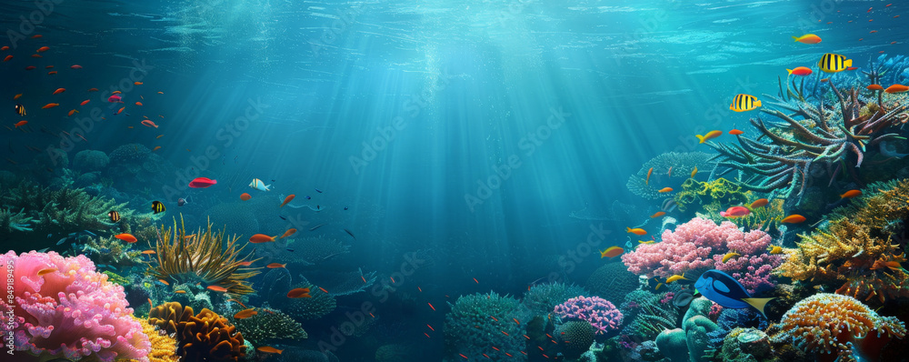 Tropical underwater background with colorful coral reefs and tropical ...