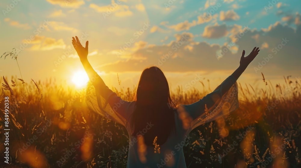 Photo of surrender and praise concept: Silhouette of a healthy Christian woman raising her hands ...