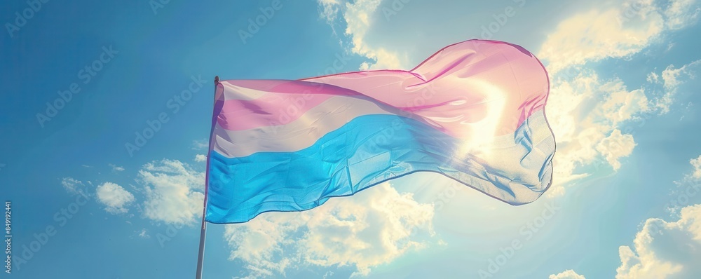 Transgender pride flag flying high against a sunny sky with clouds ...