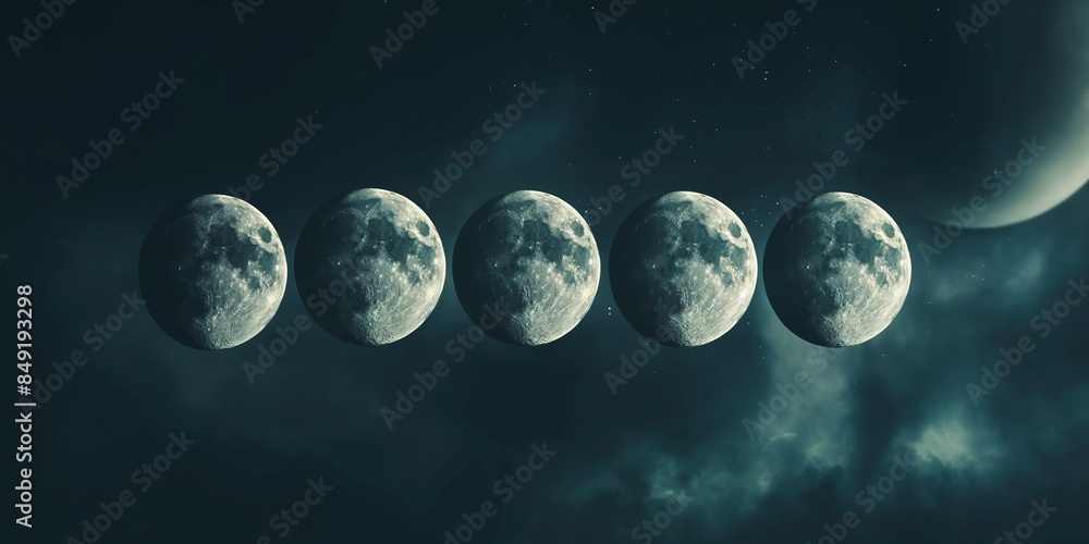 Artistic depiction of lunar phases aligned in a row against a starry ...