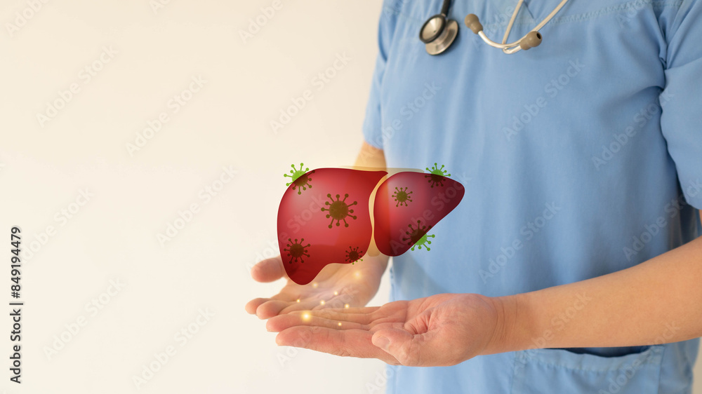 World hepatitis day concept. Doctor hands holding liver with viral ...