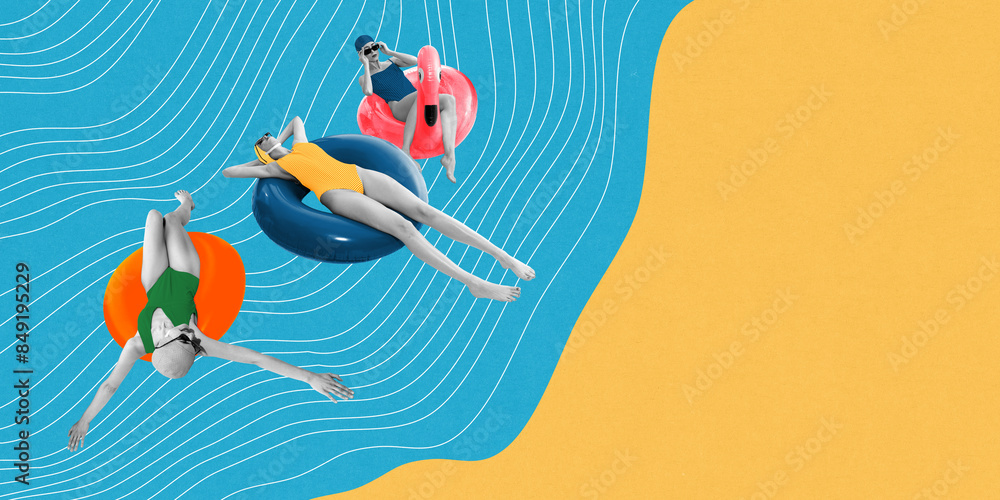 Women in swimsuits on colorful pool floats against stylized blue and ...