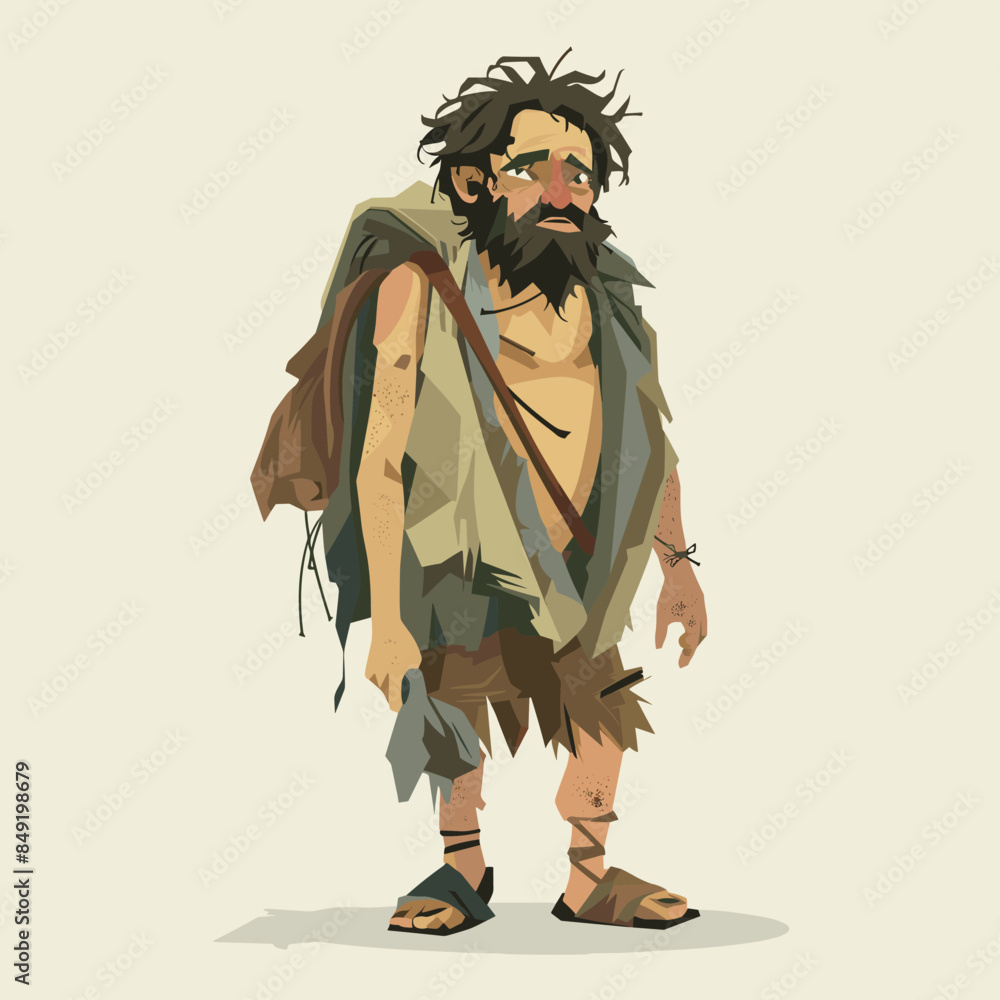 Cartoon illustration disheveled man beard backpack looking tired ...